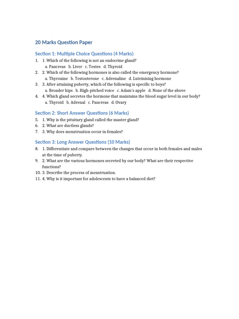 20 Marks Question Paper | PDF