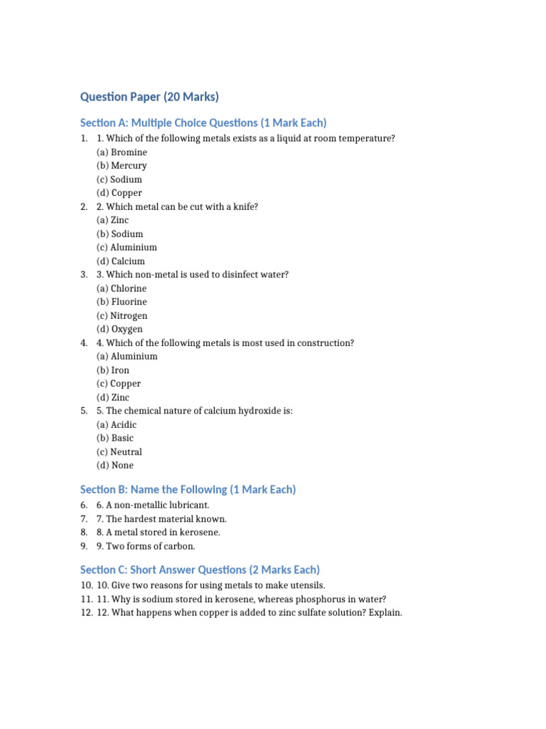 Question Paper 20 Marks Science | PDF