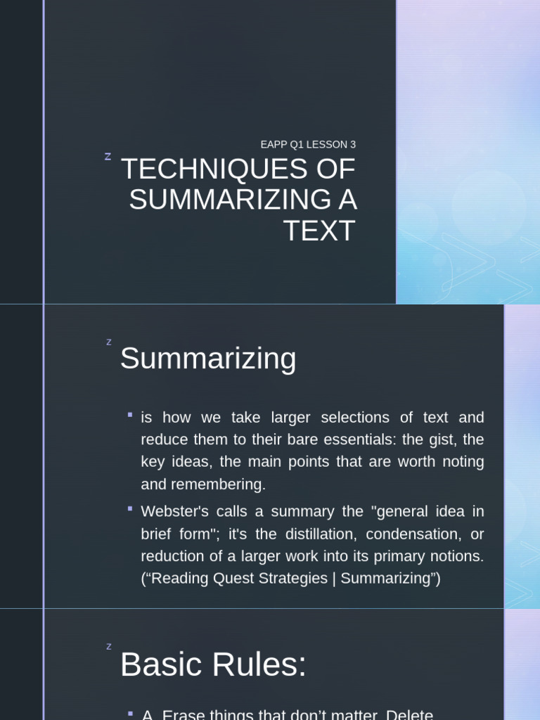 Lesson 3 Techniques of Summarizing A Text | PDF | Goldilocks And The Three Bears