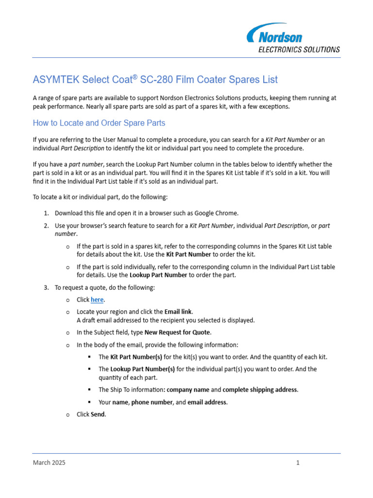 ASYMTEK Select Coat SC-280 Film Coater Spares List | PDF | Screw