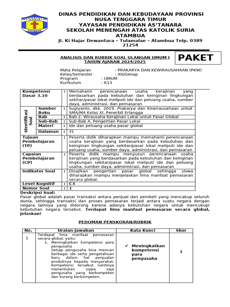 Analisis Dan Rubrik Soal Ul Umum I PKW Kelas Xii Februari 2025 Paket B ...