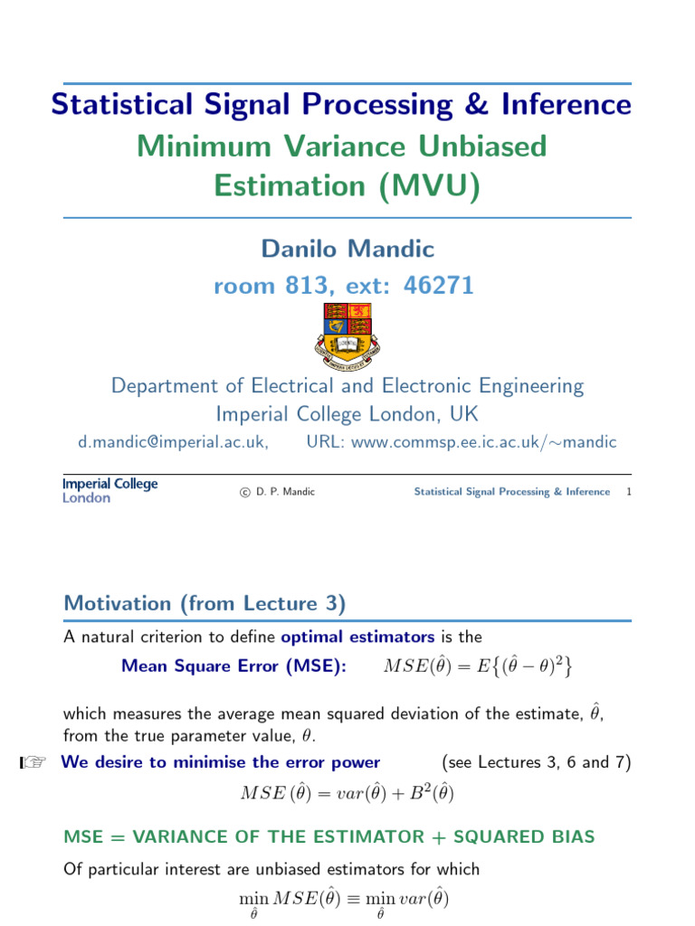 SSPI Lecture 4 MVU Estimation 2025 | PDF | Estimator | Bias Of An Estimator