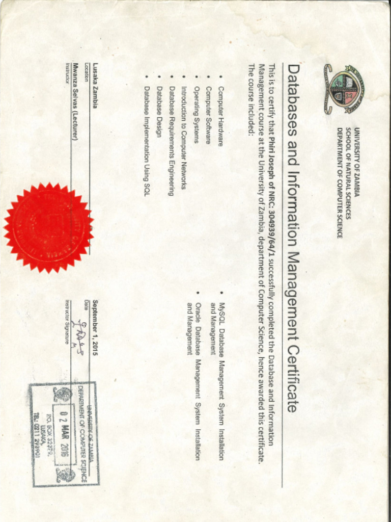 Unza Certificate | PDF