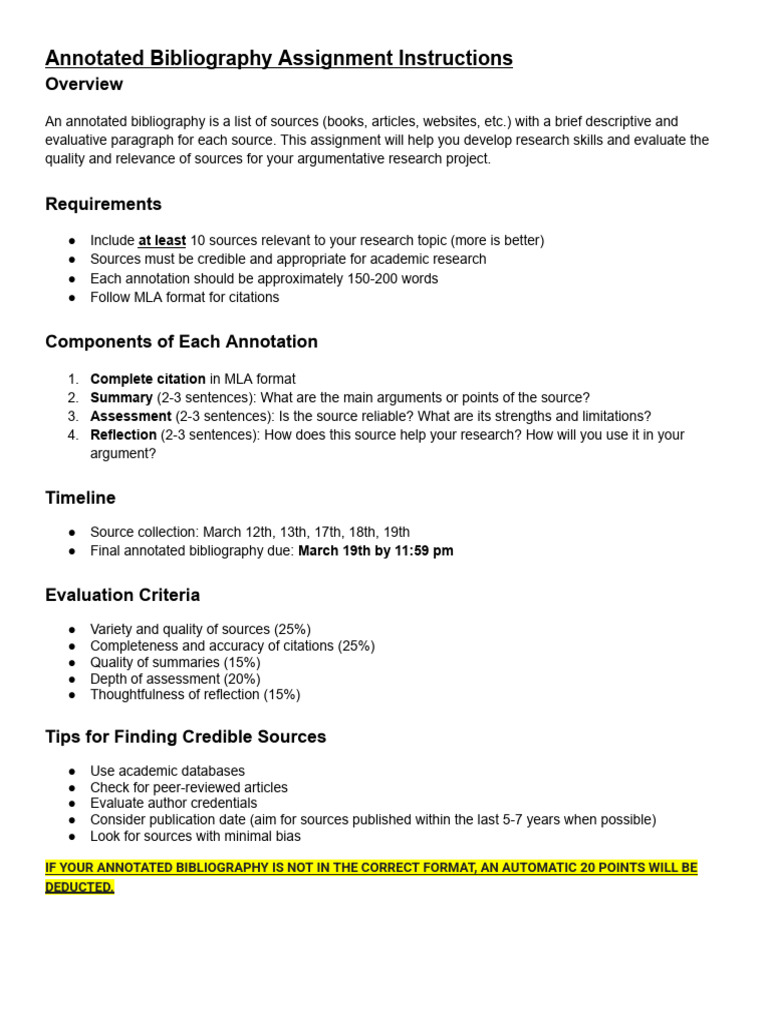 Annotated Bibliography Assignment Instructions | PDF | Citation ...
