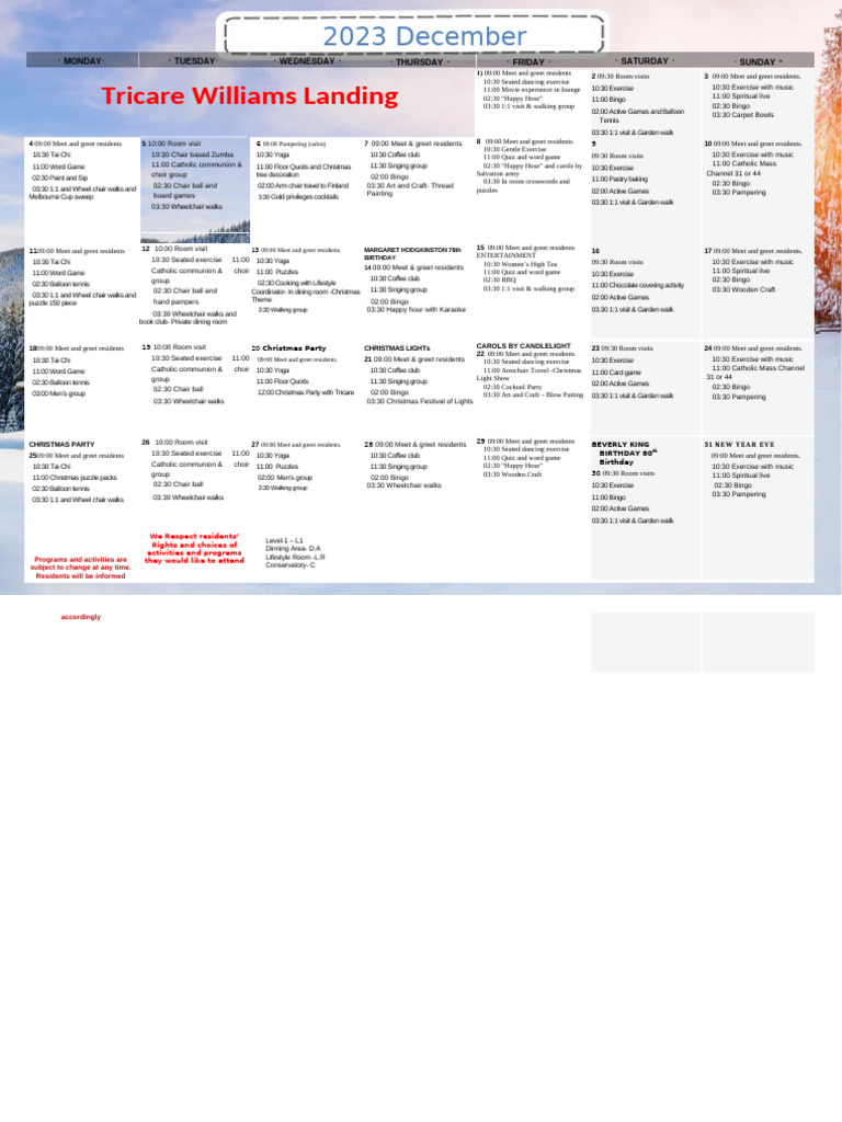 December Activities Schedule at Tricare | PDF