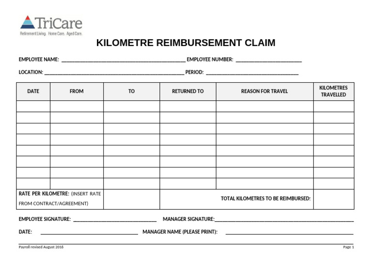 Kilometre Reimbursement Claim Form | PDF