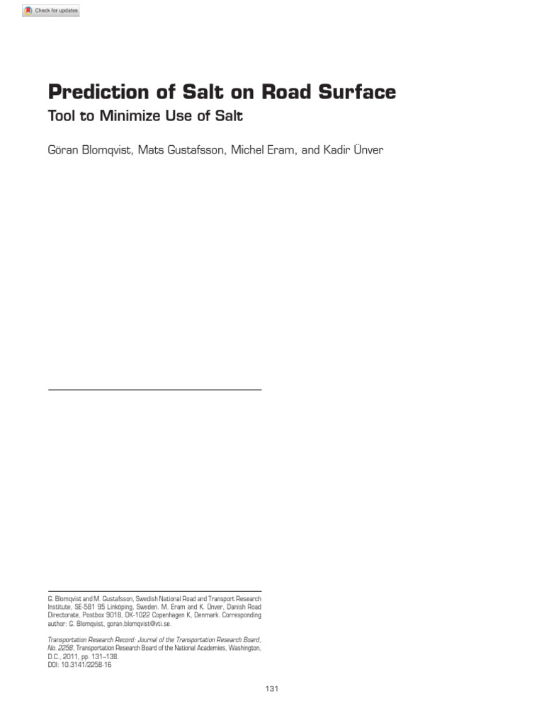 Blomqvist Et Al 2011 Prediction of Salt On Road Surface Tool To ...