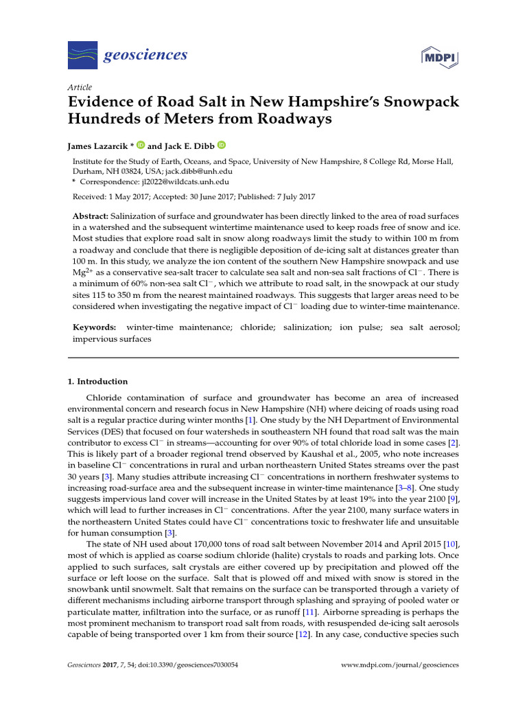 Evidence of Road Salt in New Hampshire's Snowpack Hundreds of Meters ...