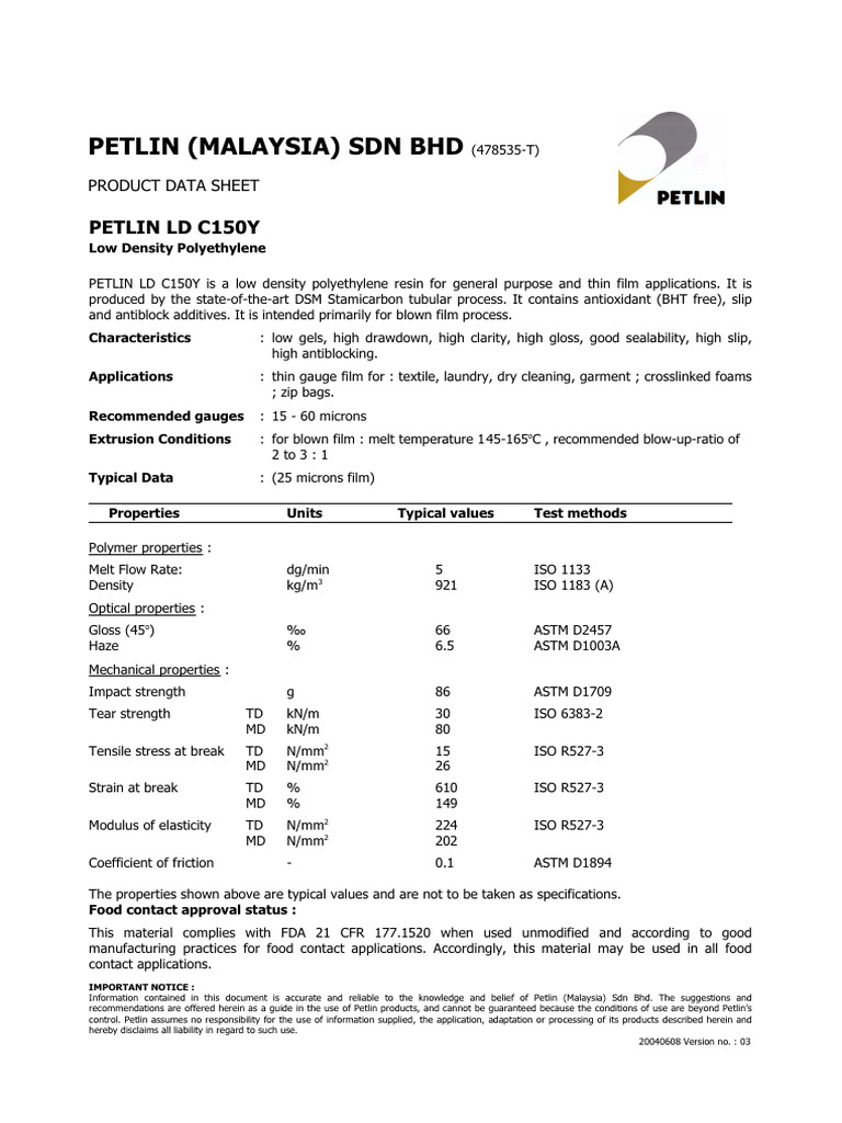 Petlin Ldpe Film C150y Tds | PDF