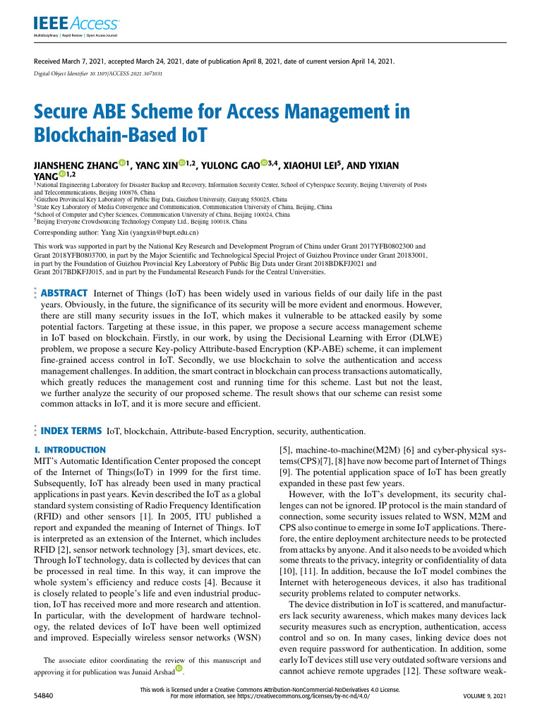 Secure ABE Scheme For Access Management in Blockchain-Based IoT | PDF | Internet Of Things ...