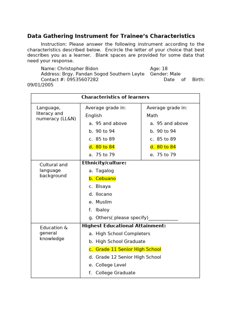 Data Gathering Instrument For Trainee | PDF | Learning | Learning Styles