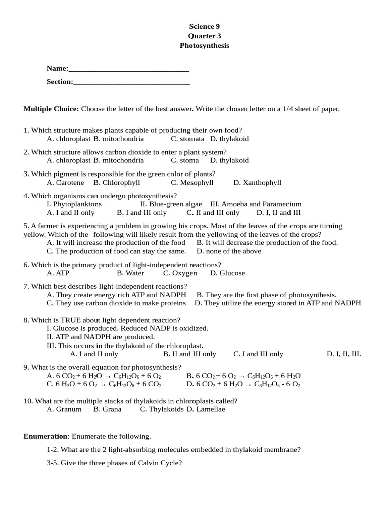 Photosynthesis Quiz for Science 9 | PDF | Photosynthesis | Chloroplast