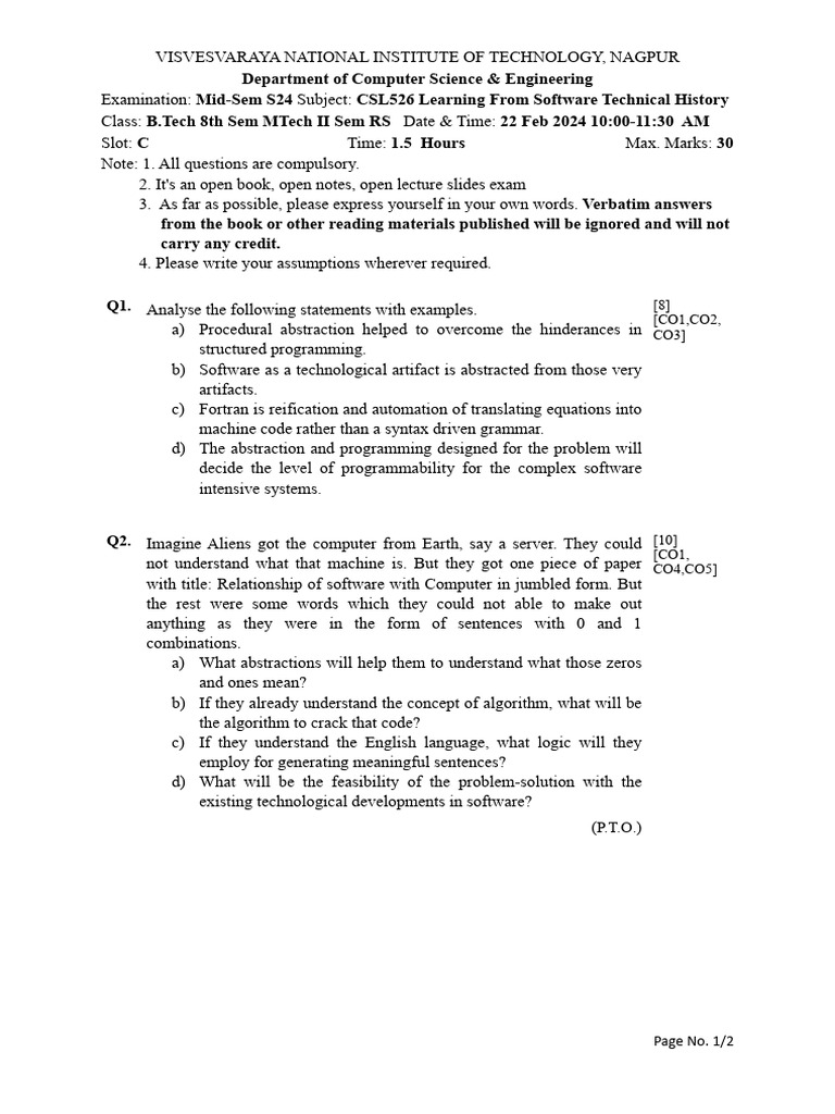 CSL526-LSTH S2024 Student QP MidSem FEB202 | PDF | Computer Programming | Software