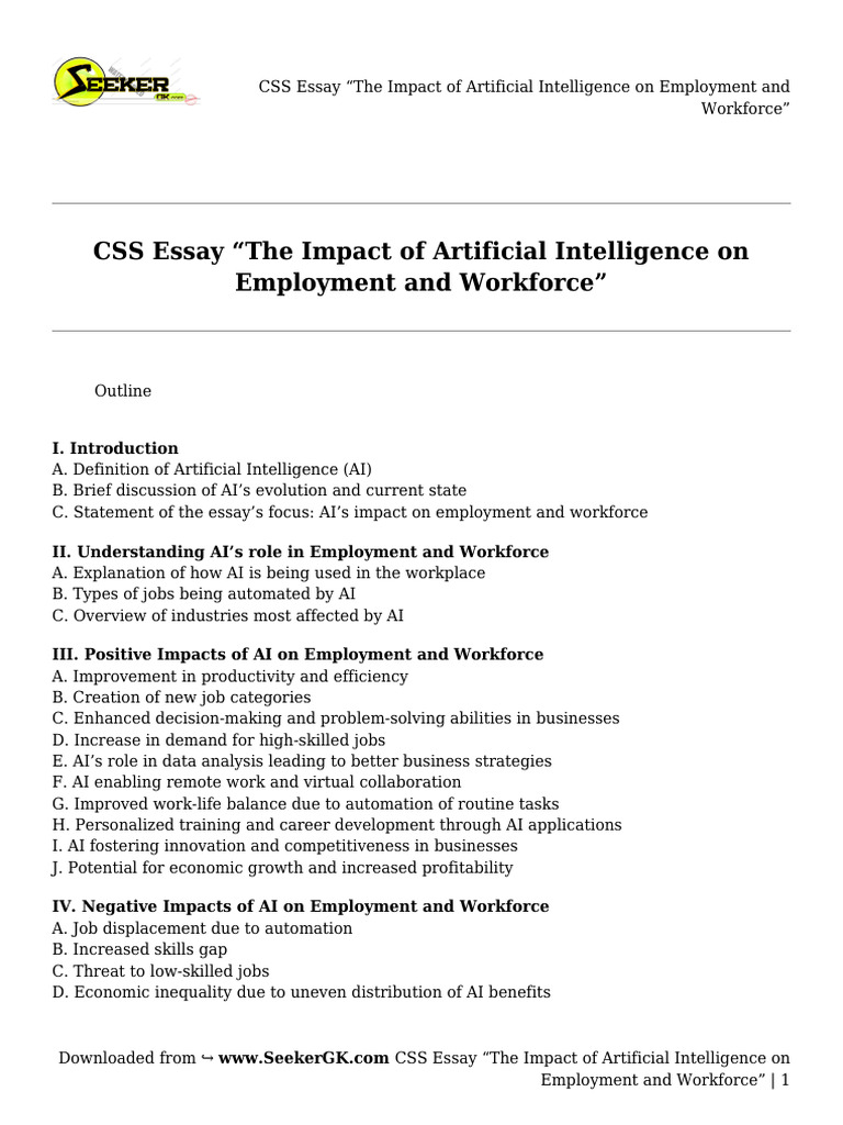 CSS Essay “ The Impact of Artificial Intelligence On Employment and Workforce” | PDF ...