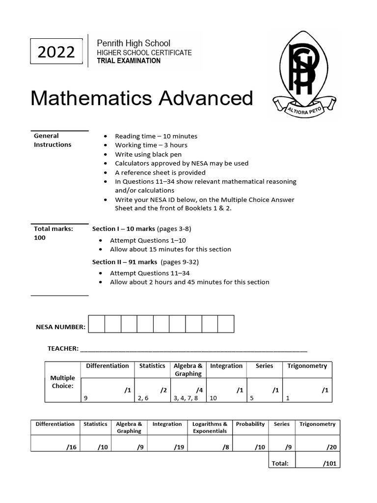 Penrith 2022 Mathematics Advanced - Solutions | PDF | Mathematics ...