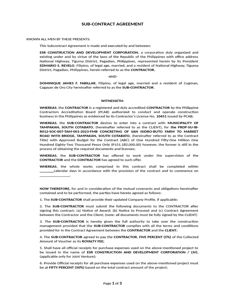 SUBcontractor Agreement ROMA-GREYHAMMER (AutoRecovered) | PDF | Subcontractor | General Contractor