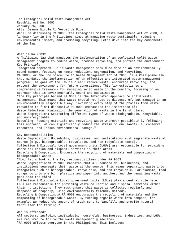 RA 9003: Ecological Waste Management Act | PDF | Waste Management | Waste