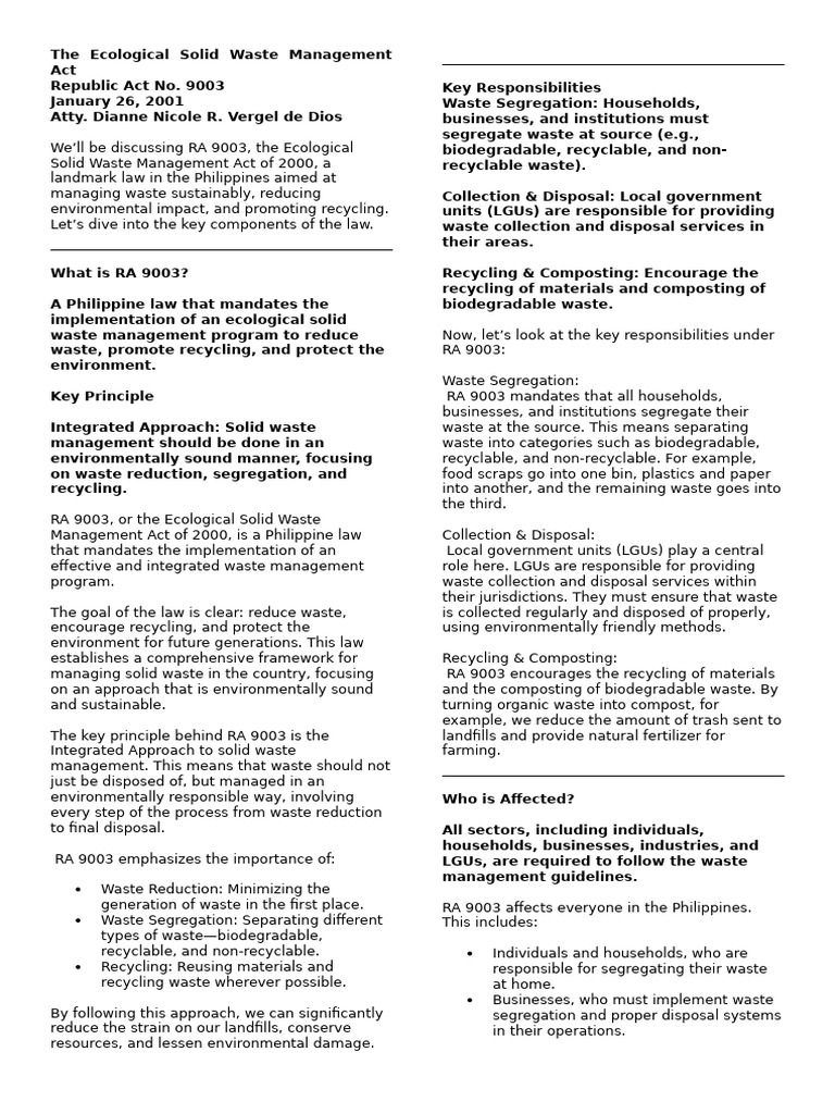 RA9003 - Lecture Notes | PDF | Waste Management | Waste