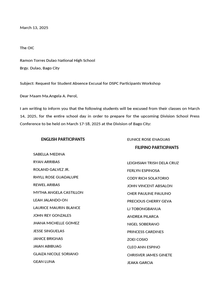 Request For Student Absence Excusal For DSPC Participants Workshop | PDF