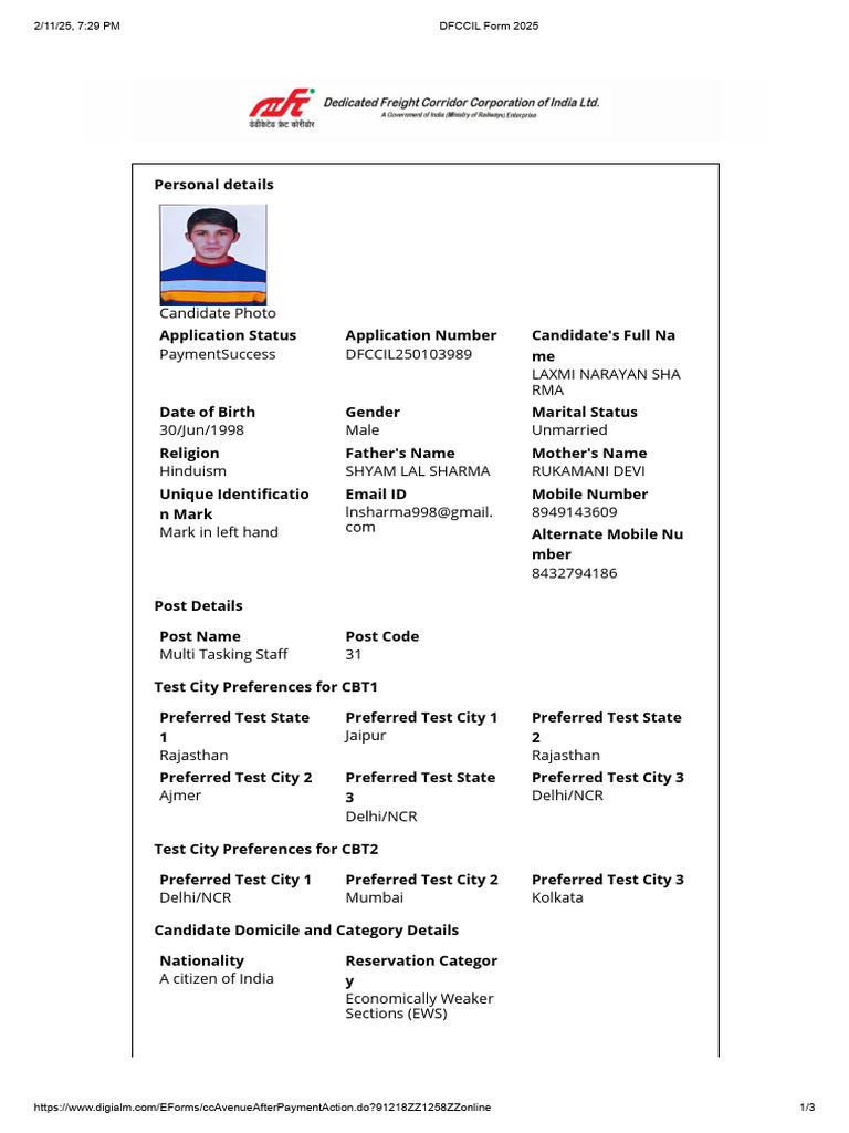 DFCCIL Form 2025 laxminarayan | PDF
