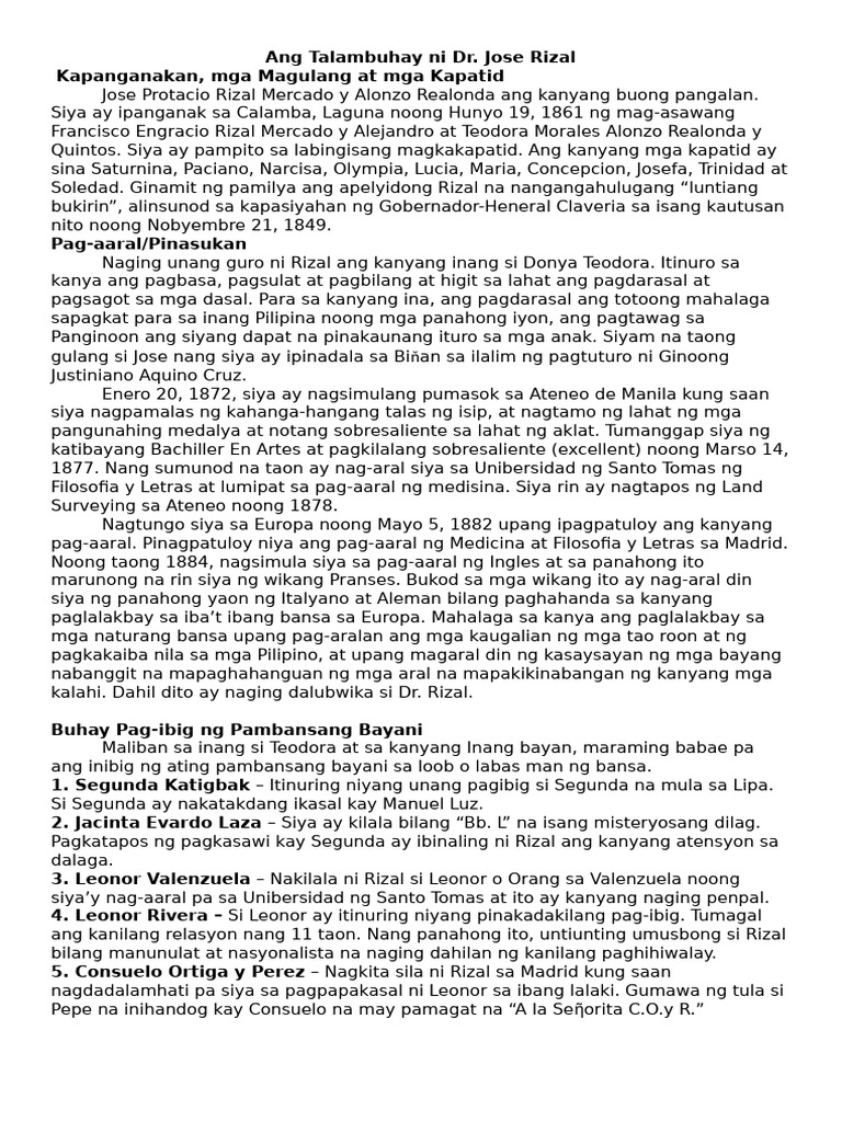 Ang Talambuhay Ni DR rIZAL NOTES 1 | PDF