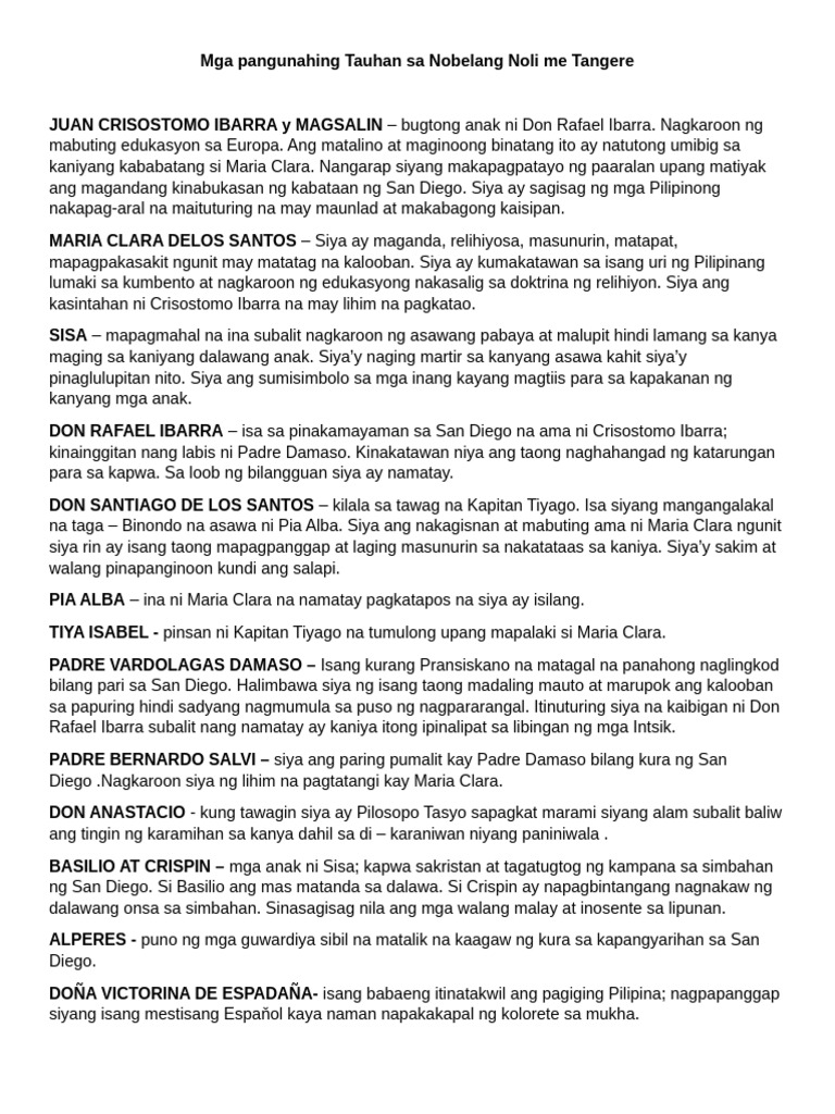 Mga Pangunahing Tauhan Sa Nobelang Noli Me Tangere | PDF