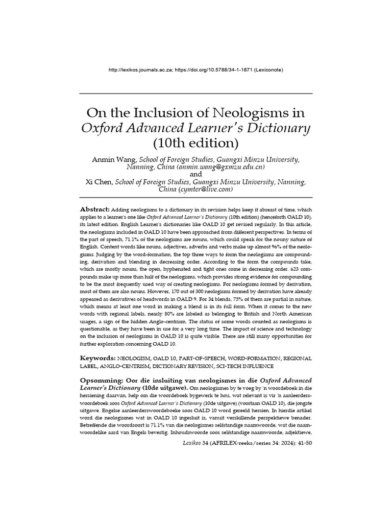 On The Inclusion of Neologisms in Oxford Advanced Learner's Dictionary ...