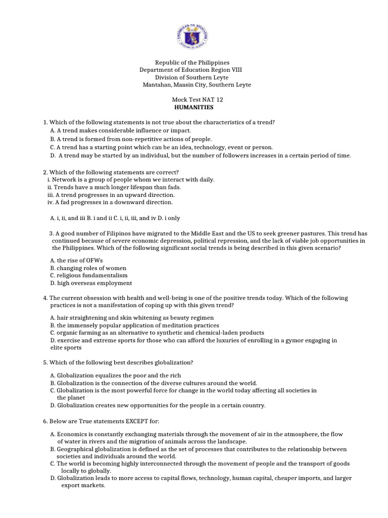 Mock Test on Humanities Trends | PDF | Salvation | Globalization