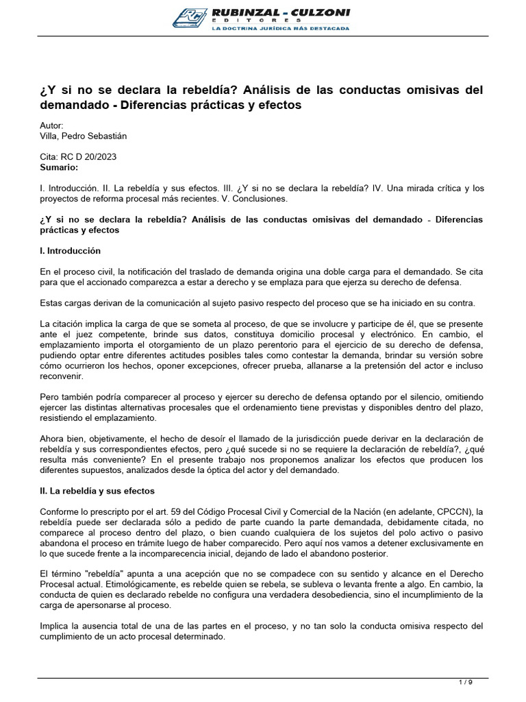 Efectos de la No Declaración de Rebeldía | PDF | Demanda judicial | Mandato