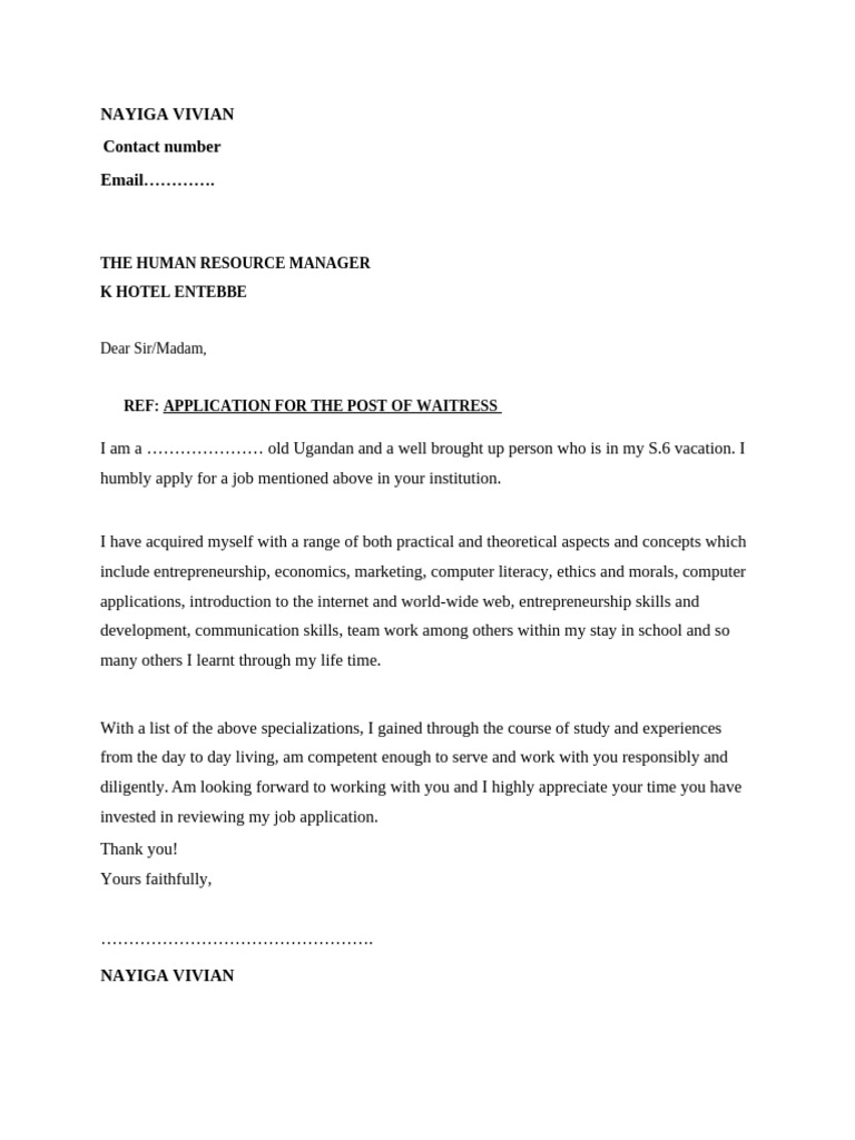 Job Application for Waitress Position | PDF