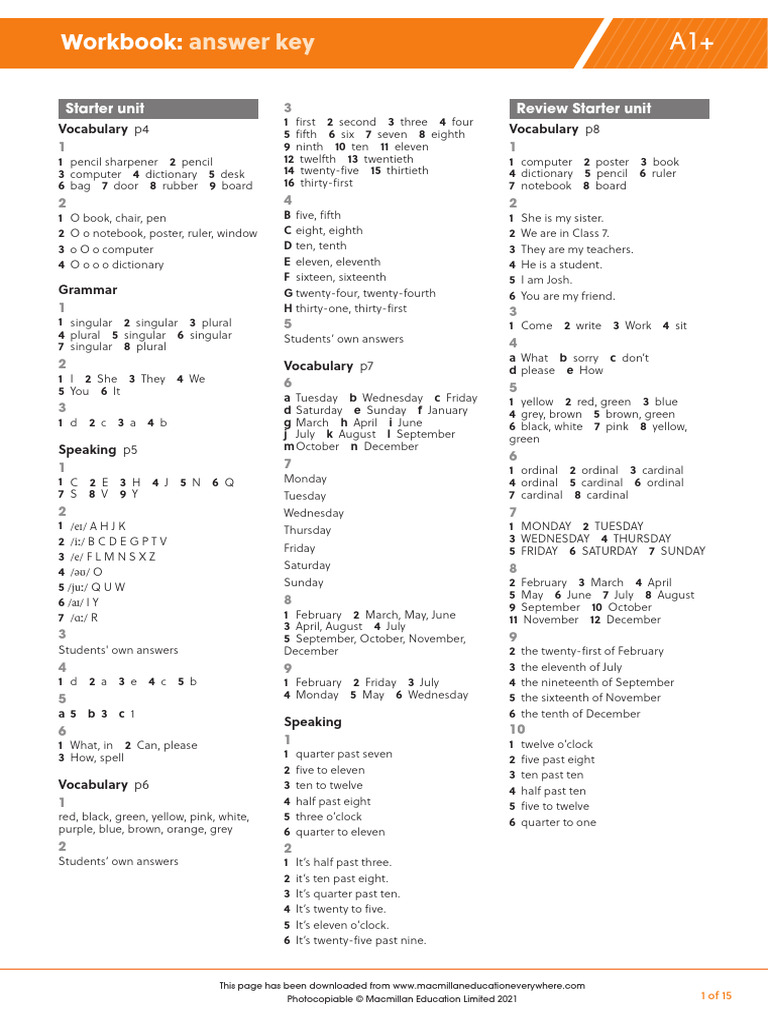 A1PLUS Workbook Answer Key | PDF