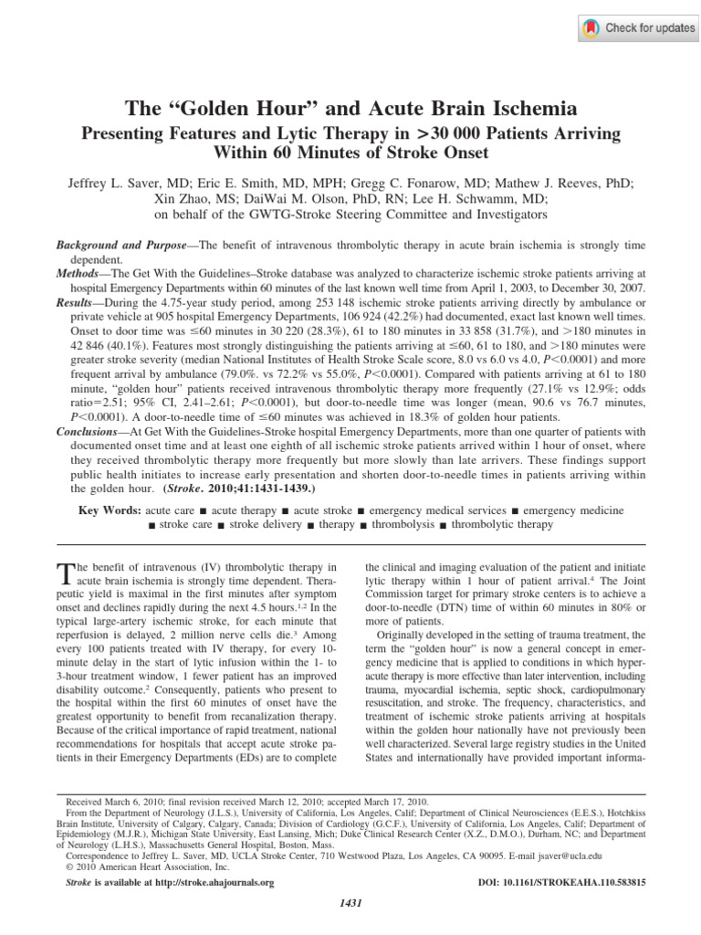 Saver Et Al 2010 The Golden Hour and Acute Brain Ischemia | PDF ...