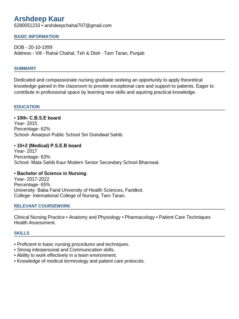 Nursing Graduate Resume - Arshdeep Kaur | PDF