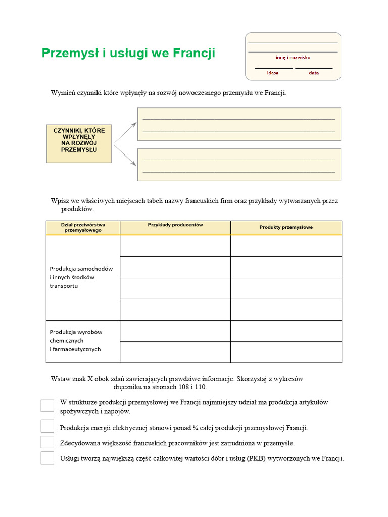Przemysl I Uslugi We Francji Karta Pracy | PDF