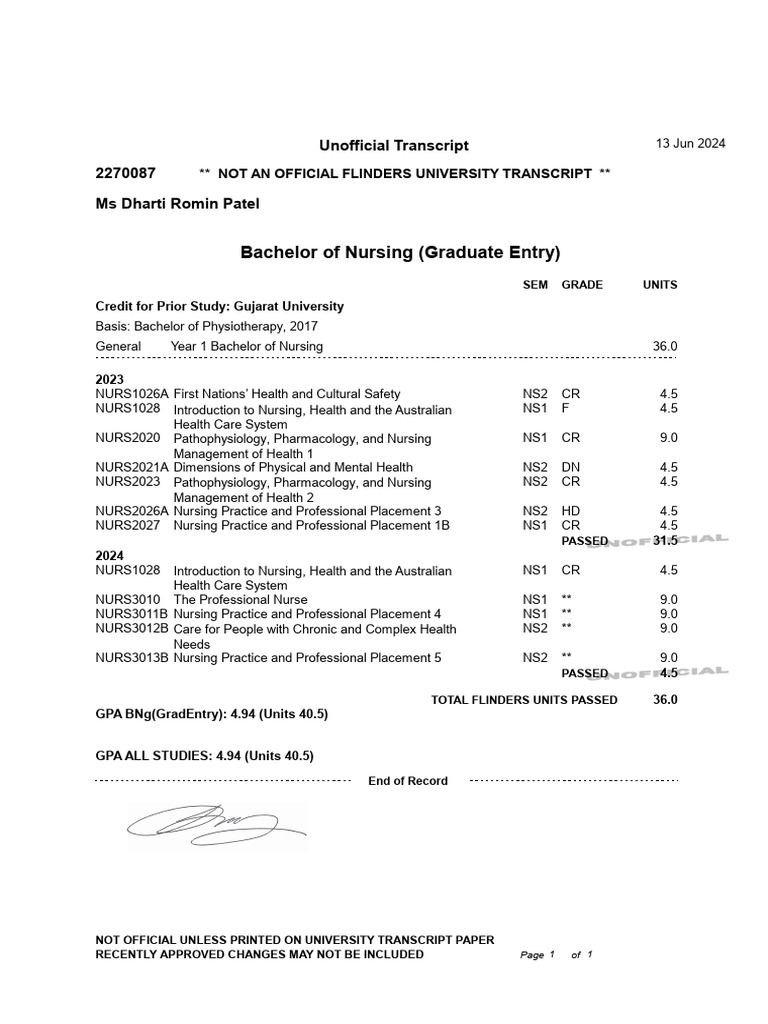 UnofficialTranscript Nursing 13 Jun 2024 | PDF