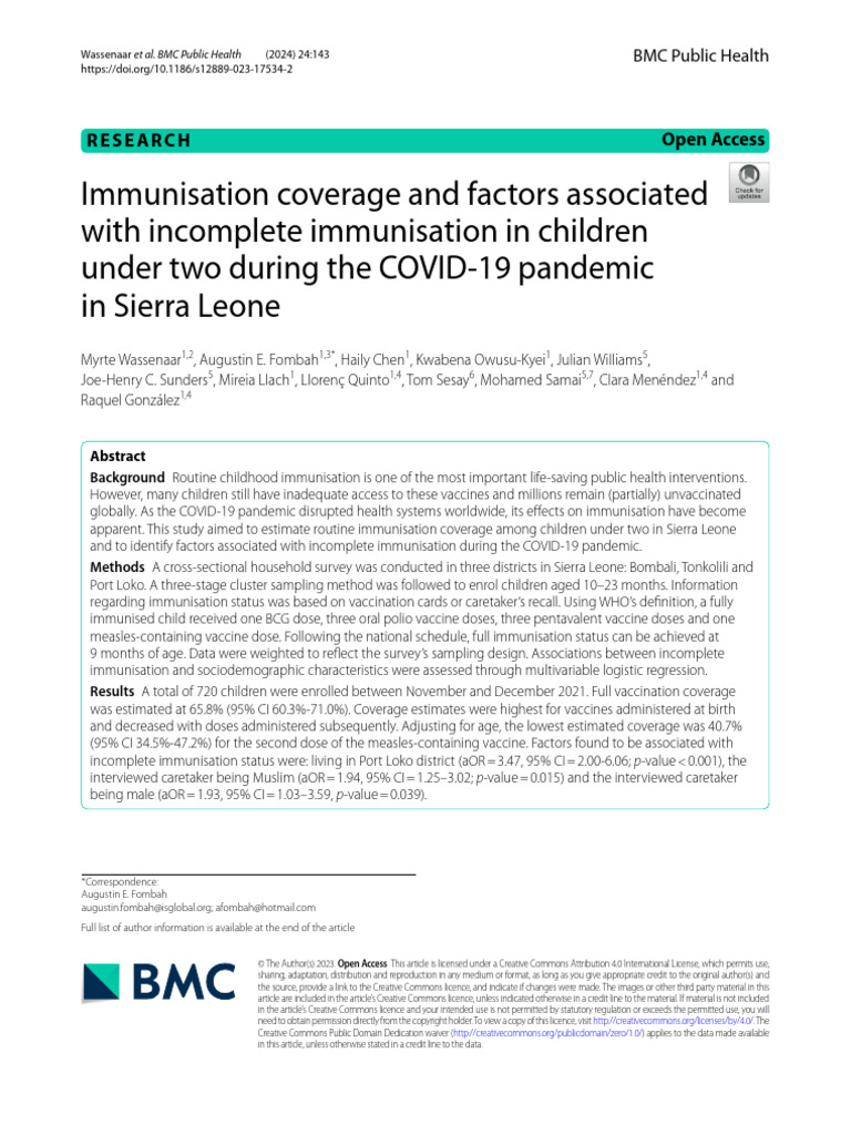 Immunisation Coverage and Factoritj Incomplete Immunisation in Children ...