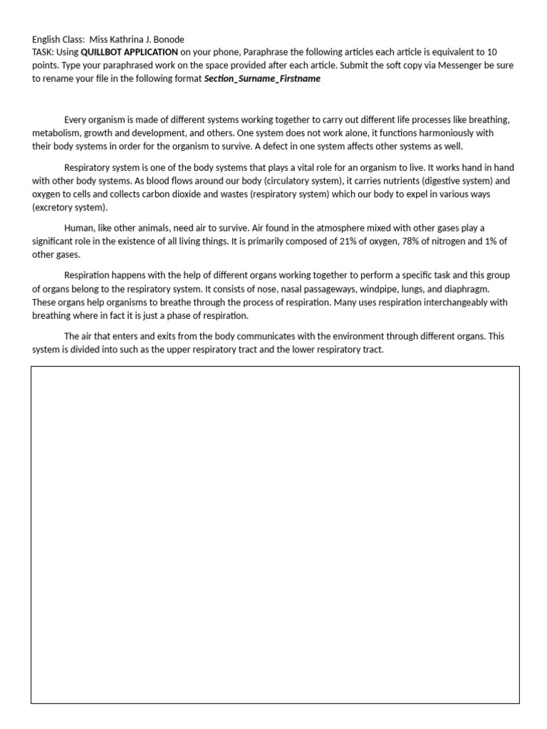 Paraphrasing Performace task | PDF | Respiratory System | Breathing