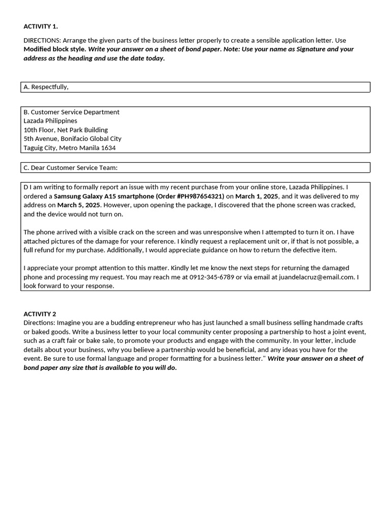 Business Letter Activity | PDF