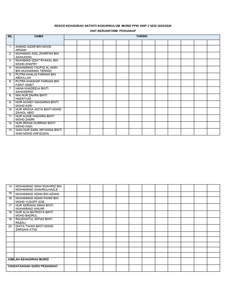 Borang Kehadiran Kokurikulum Ppki Skip 2 2025 | PDF