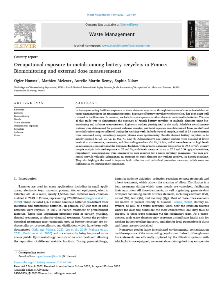 Occupational Exposure To Metals Among Battery Recyclers in France ...