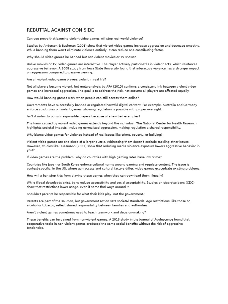 Rebuttal to Violent Video Game Ban Arguments | PDF | Violence | Aggression