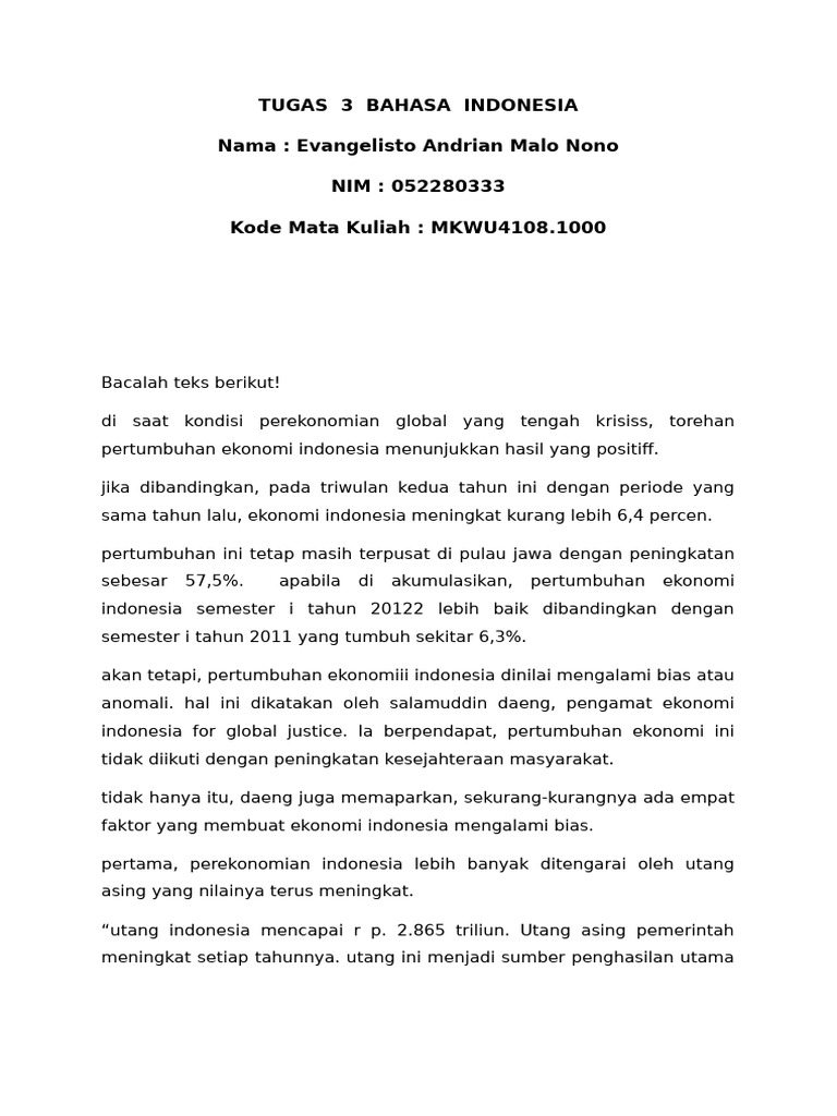 Tugas 3 Bahasa Indonesia - Evangelisto | PDF
