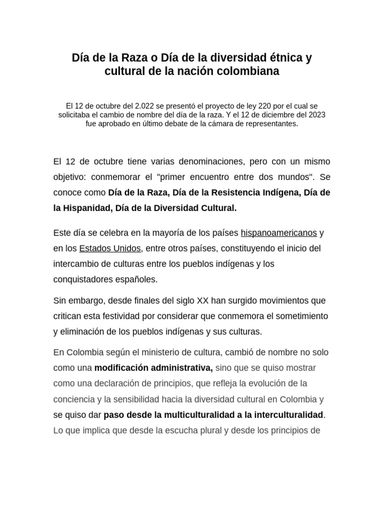 Día de La Raza o Día Del Respeto A La Diversidad Cultural | PDF