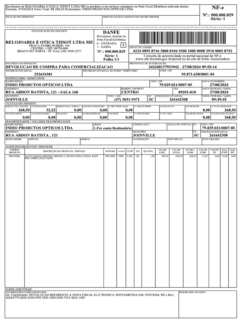 NF 829 Cfop 1202 | PDF