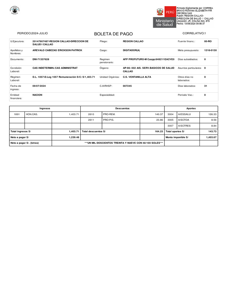Bol Pago Dni 71337628 2024-JULIO PUP CAS 2do PDF | PDF