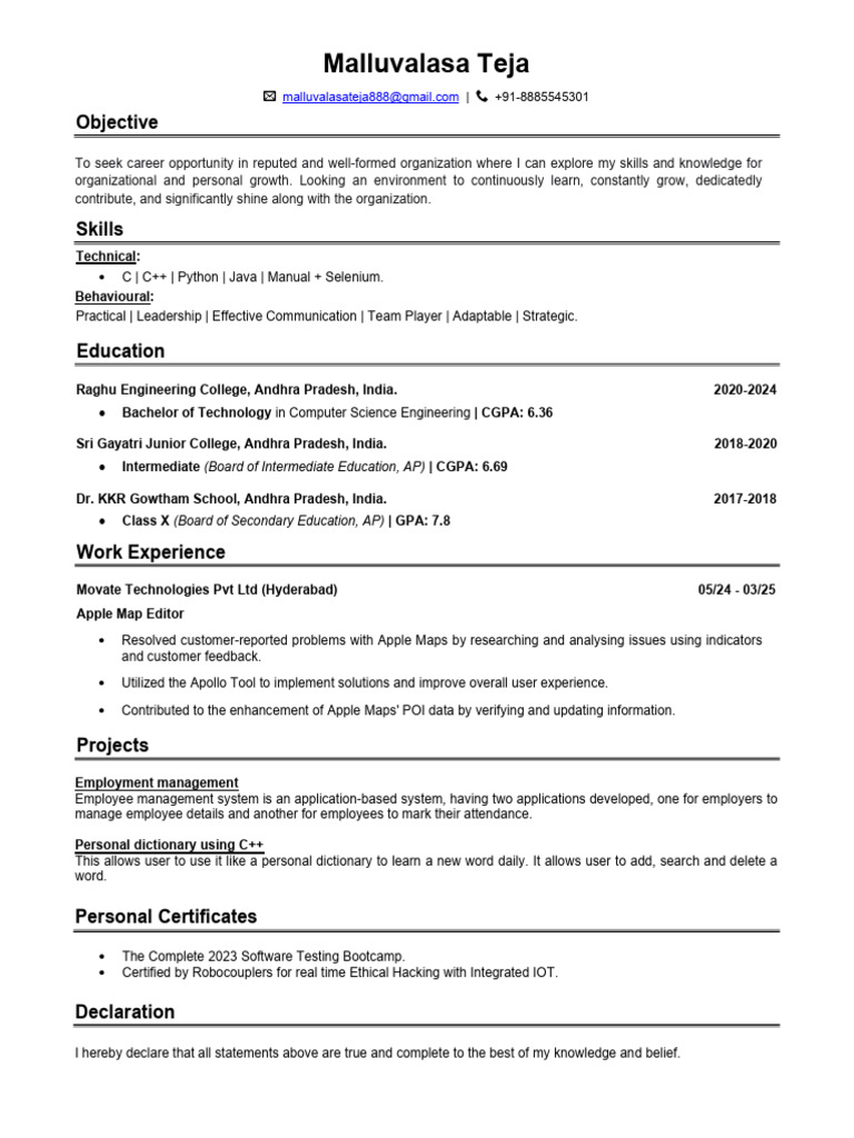 Malluvalasa Teja - Resume - Copy (3) | PDF