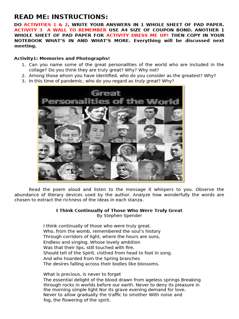 Activities on Great Personalities and Poetry | PDF | Poetry | Sonnets