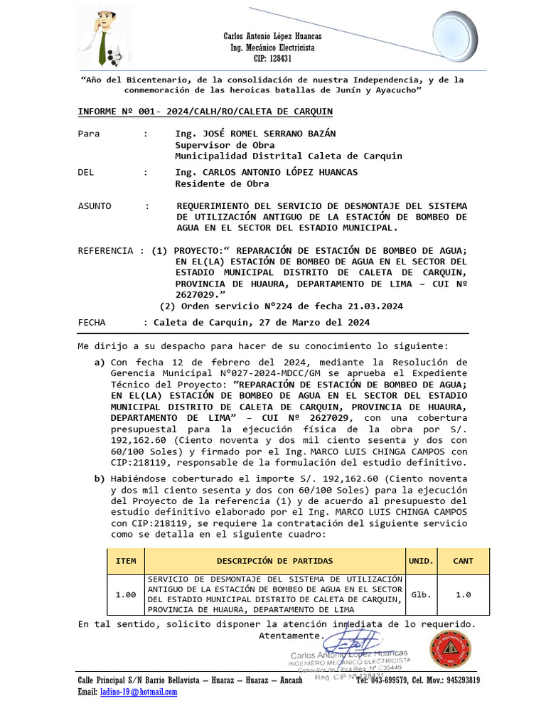 Informe #001 2024 Calh Ro Desmontaje | PDF | Lima