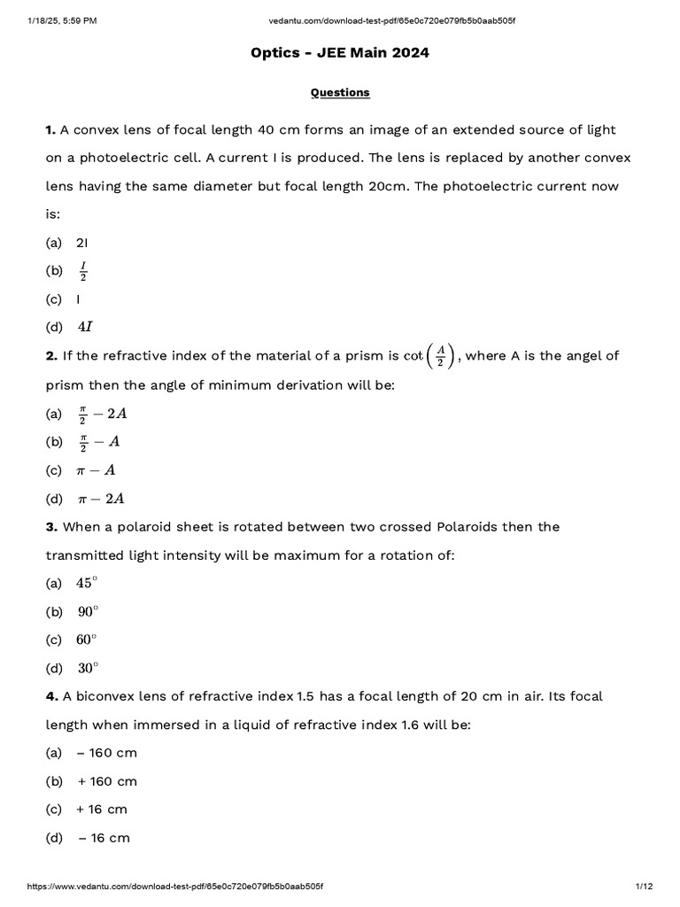 JEE Main 2024 Optics Questions and Solutions | PDF | Diffraction ...