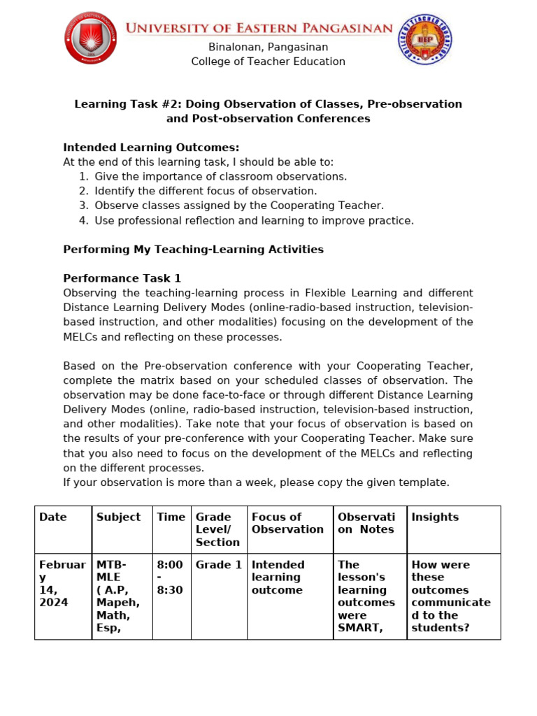 TOGUPEN JEREMY R. - Learning Task #2 - Doing Observation of Classes, Pre-Observation and Post ...